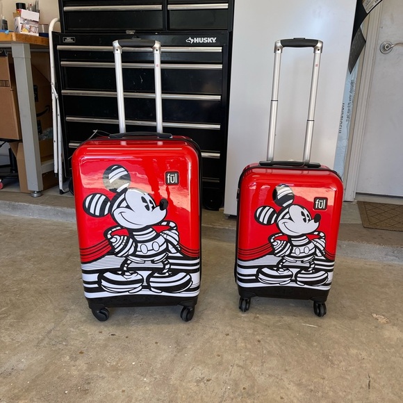Other | Nwt Mickey Suitcase Disney Luggage Mickey Mouse Stripes Black White Red White | Poshmark